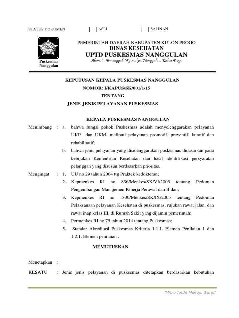 SK 001 Jenis Jenis Pelayanan | PDF