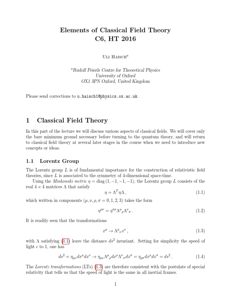 Elements of Classical Field Theory C6, HT 2016: 1.1 Lorentz Group | PDF | Field (Physics ...