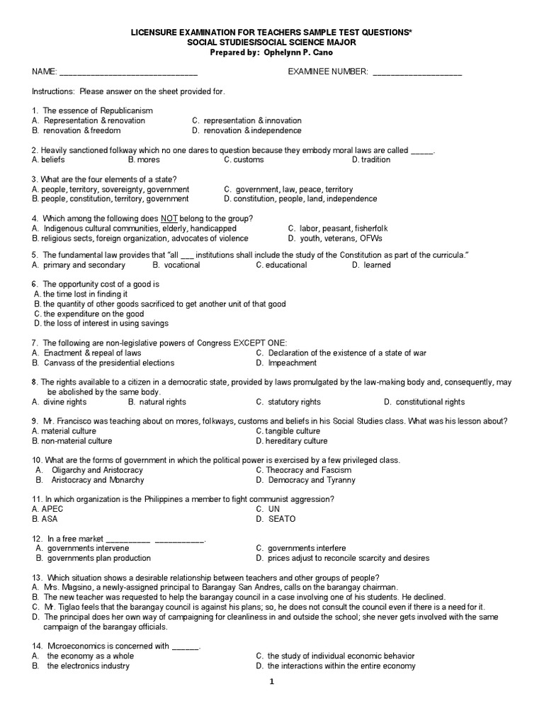 Licensure Examination For Teachers Sample Test Questions Social Studies ...