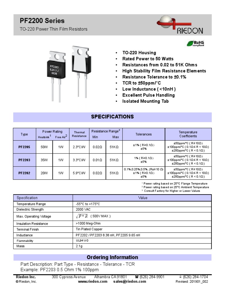 PF2200 Series: TO-220 Power Thin Film Resistors | PDF | Resistor ...