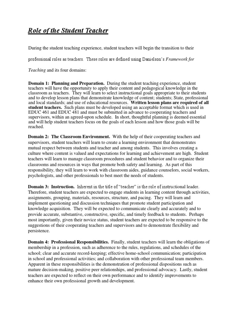 Student Teacher Roles and Responsibilities | PDF | Teachers | Lesson Plan