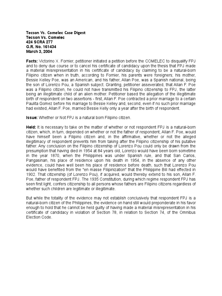 Tecson Vs Comelec | PDF | Citizenship | Legitimacy (Family Law)