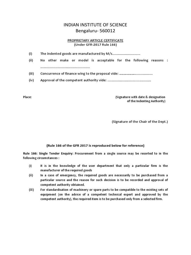 Proprietary Article Certificate Guidelines | PDF
