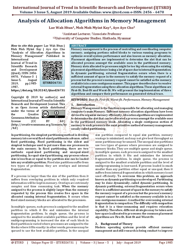 Analysis Of Allocation Algorithms In Memory Management Pdf Computer Data Storage Computer