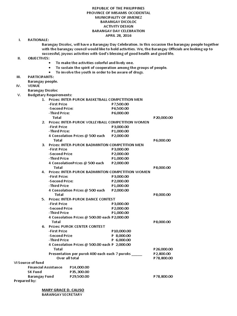 Barangay Dicoloc's Proposed Activities and Budget for their 2016 ...