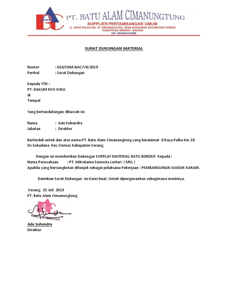 Surat Dukungan Quarry | PDF