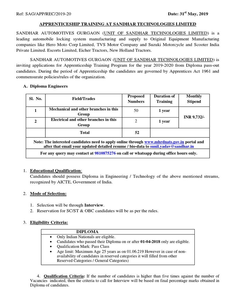 Sandhar Automotives Gurgaon 31.05.2019 PDF | PDF | Apprenticeship ...