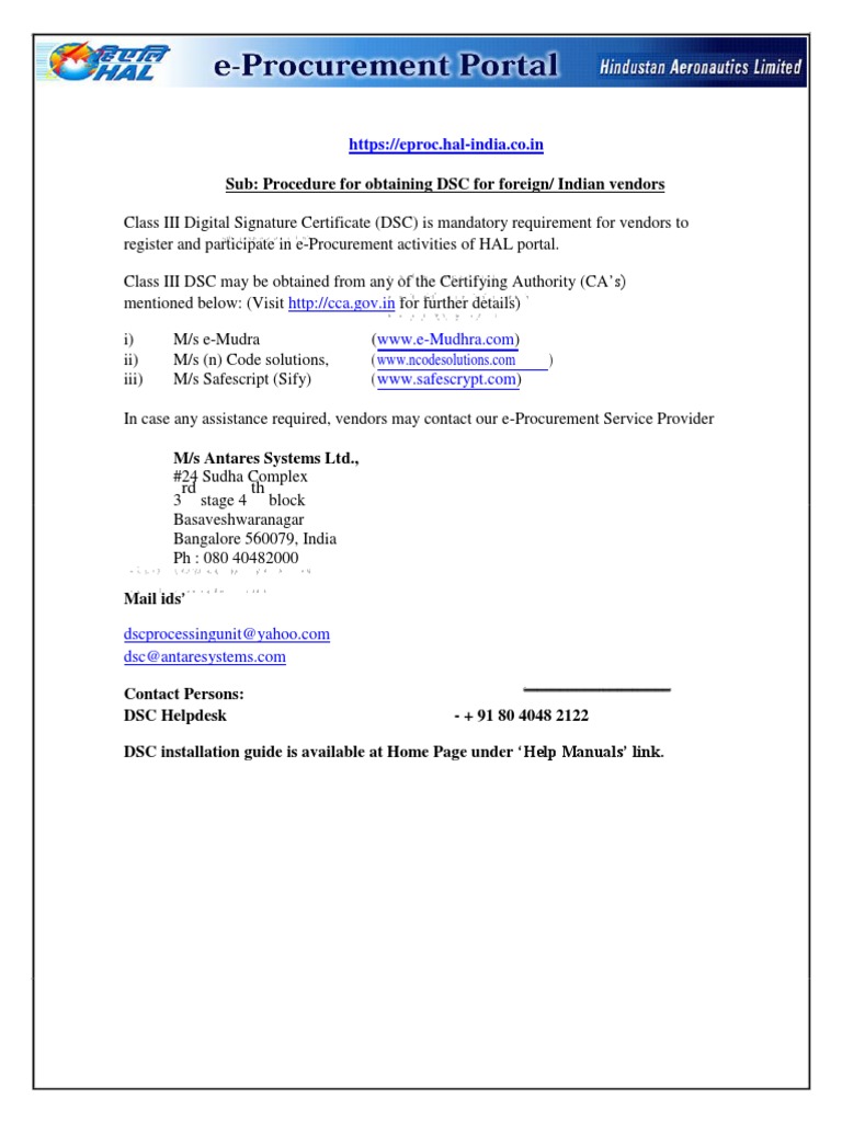 Sub: Procedure For Obtaining DSC For Foreign/ Indian Vendors | PDF