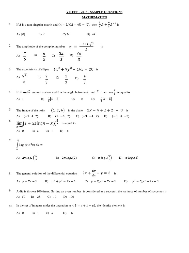 VITEEE 2018 Math Sample Questions | PDF