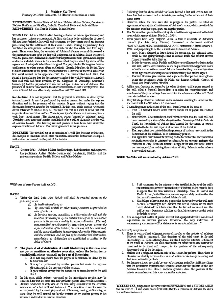 Maloto v. CA | PDF | Will And Testament | Probate