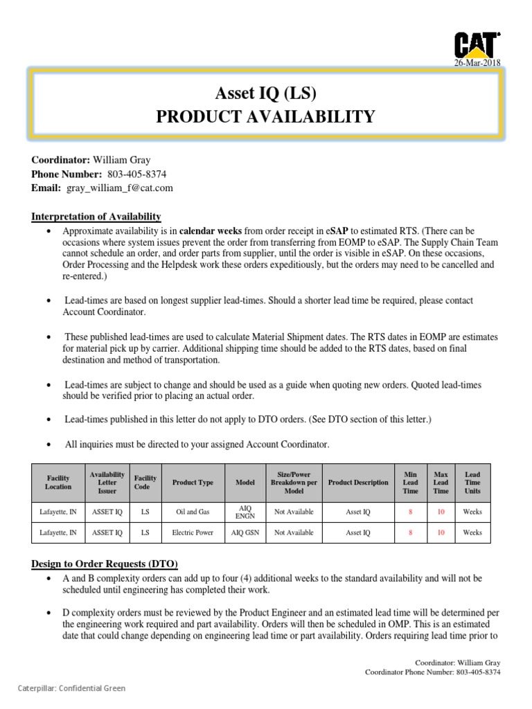 Asset IQ (LS) Product Availability: Coordinator: William Gray Phone ...
