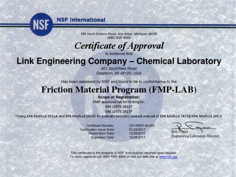 NSF Internatinal Link DTC Chemical Lab Certificate of Approval-Expires ...