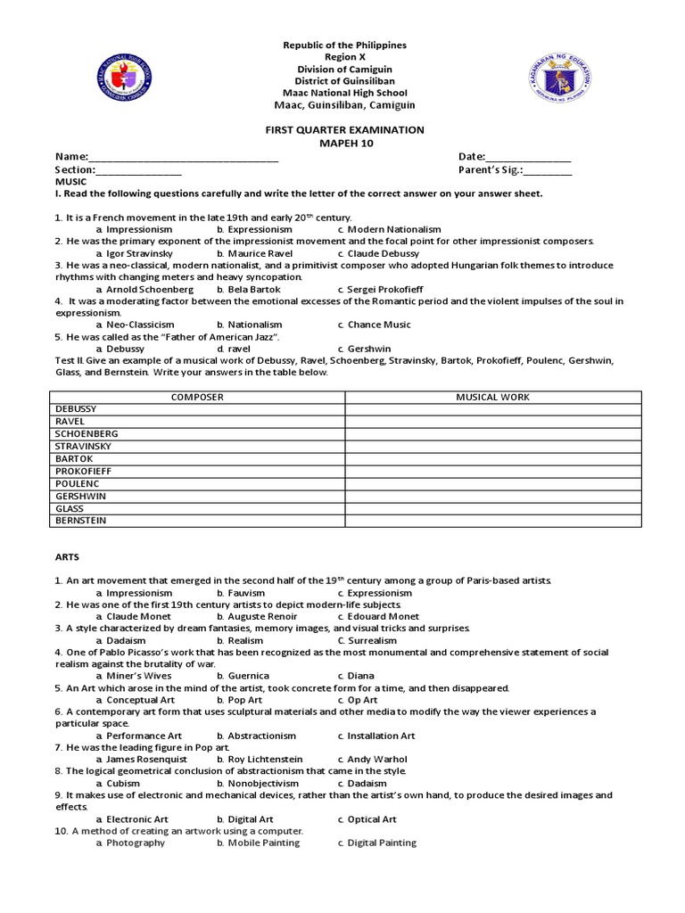 Maac, Guinsiliban, Camiguin: First Quarter Examination Mapeh 10 | PDF ...