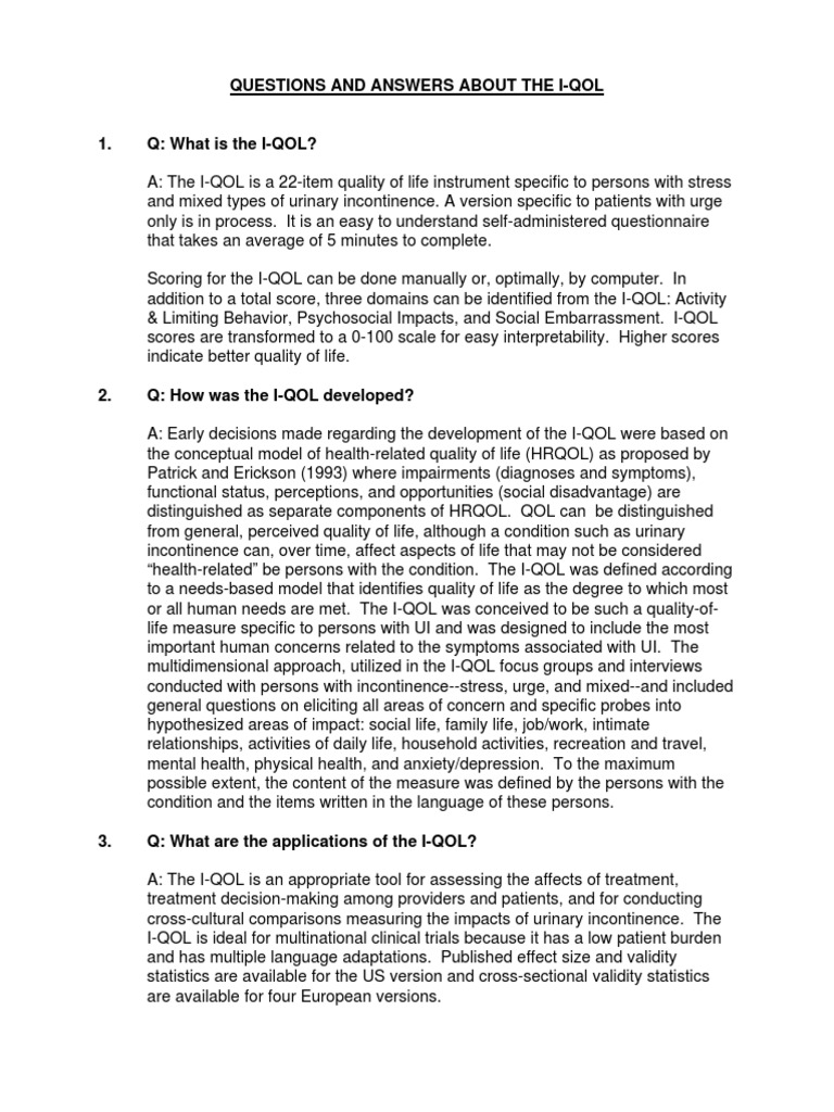 Questions and Answers About The I-Qol | PDF | Quality Of Life ...