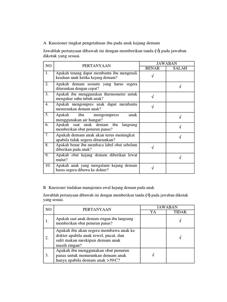 Kuesioner Tingkat Pengetahuan Ibu Pada Anak Kejang Demam | PDF