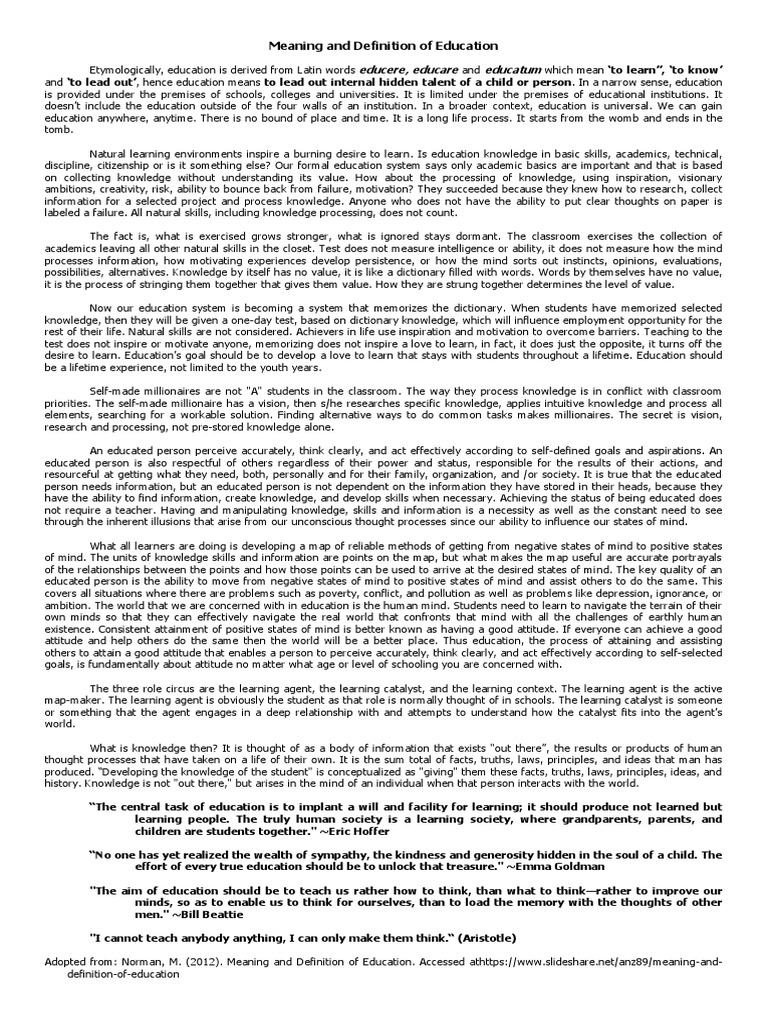 Meaning and Definition of Education Educere, Educare Educatum | PDF ...
