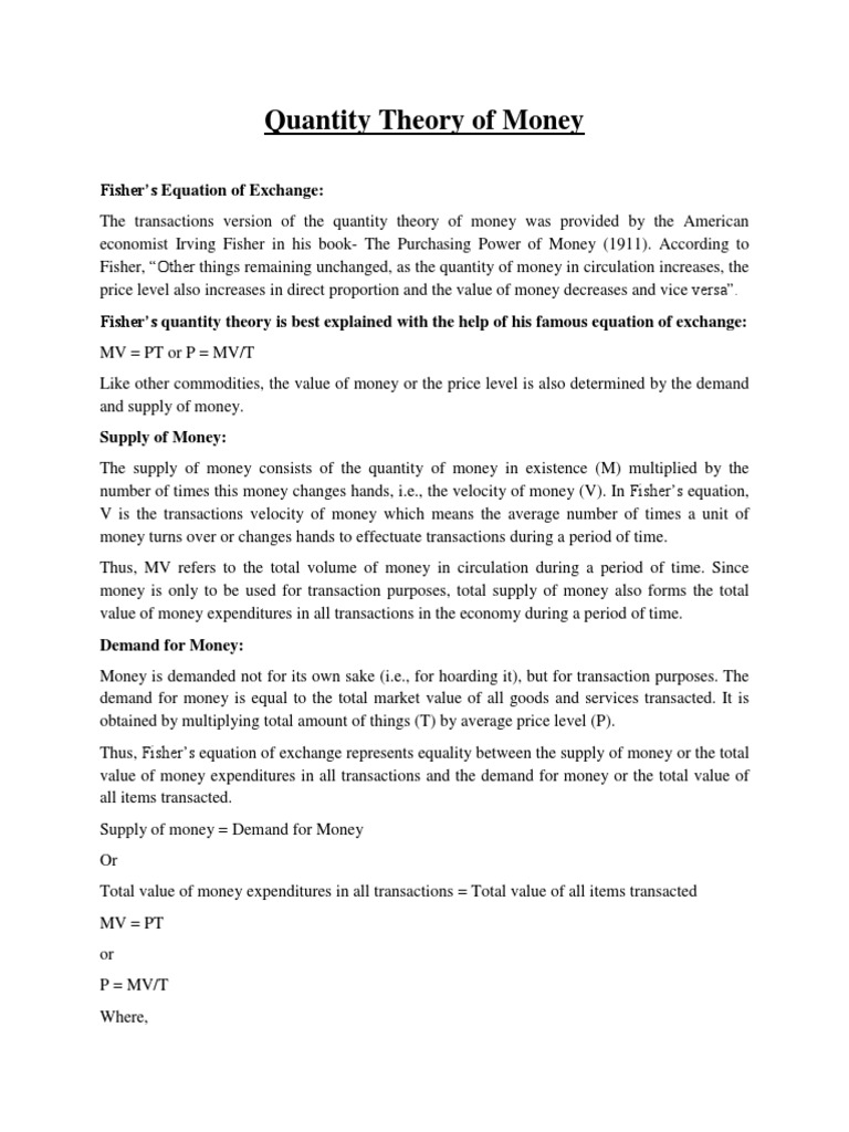 Quantity Theory of Money | PDF | Quantity Theory Of Money | Money Supply