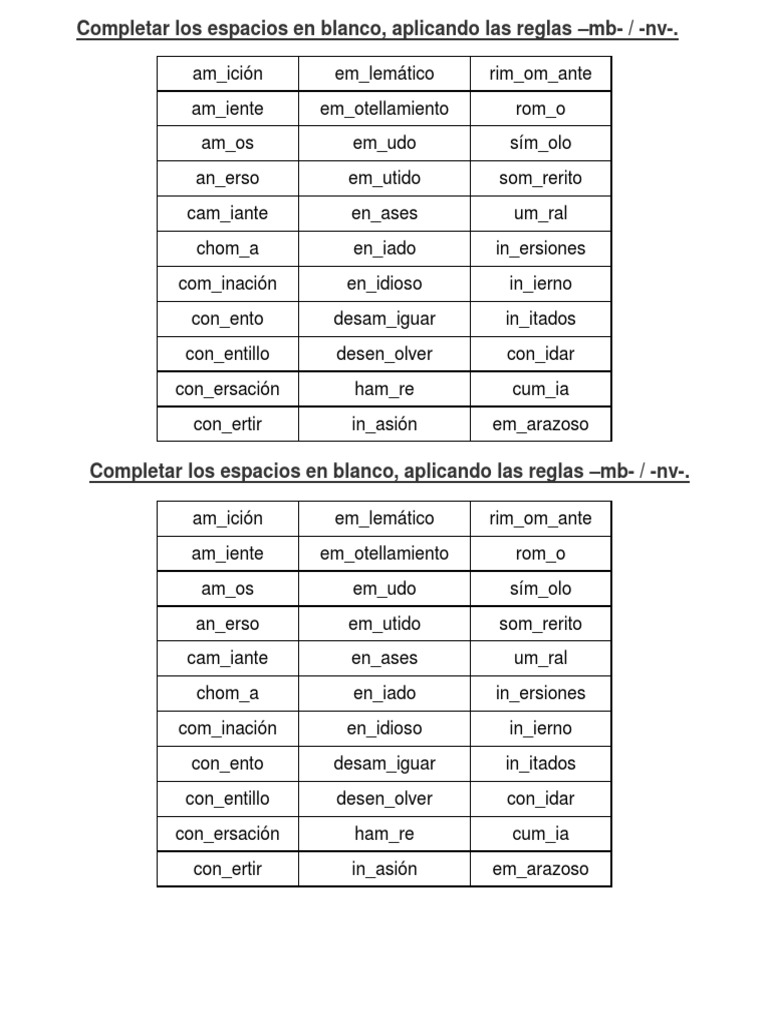 Ejercicios de palabras con mb y nv | PDF