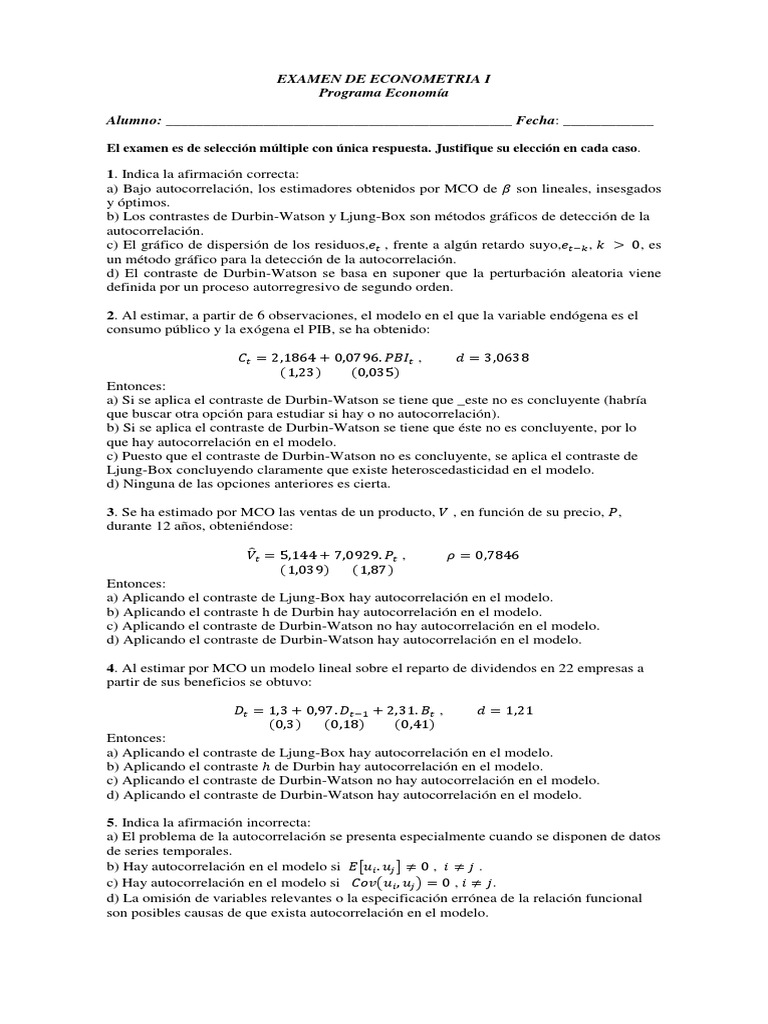 Examen de Econometría | PDF | Econometría | Enseñanza de matemática