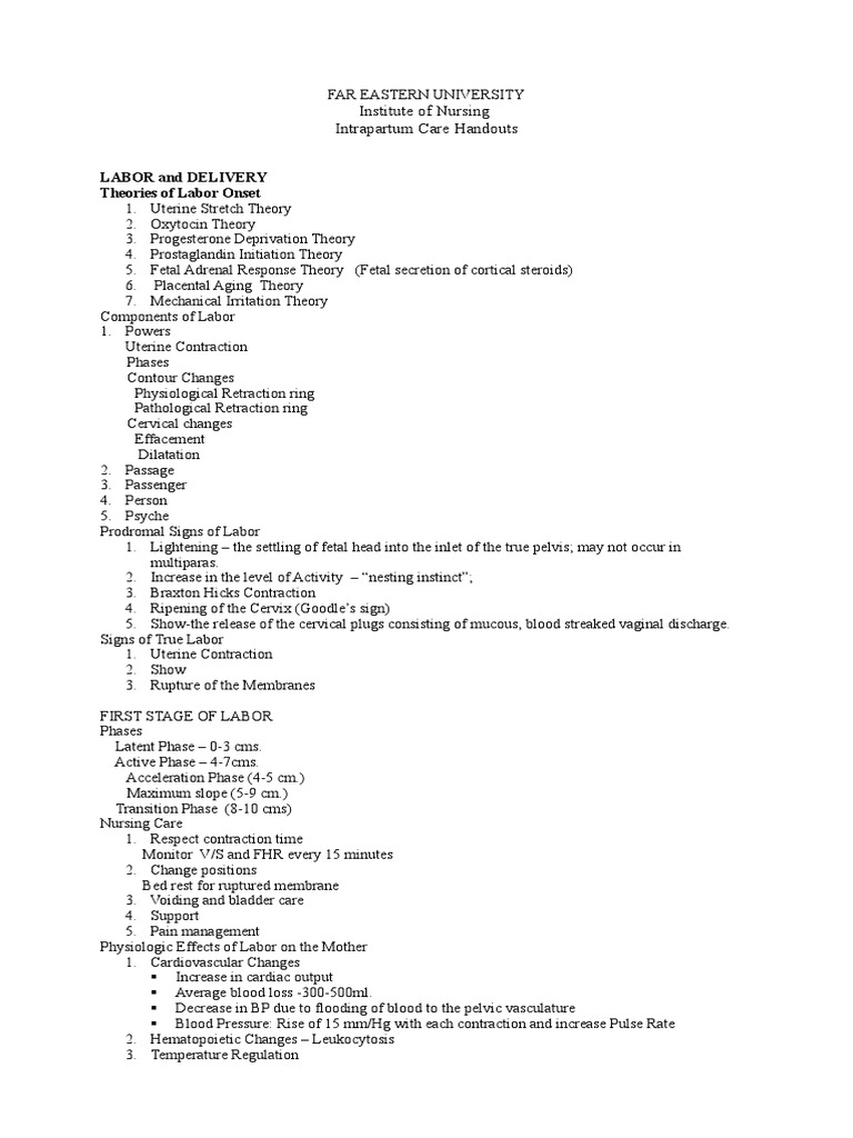 Institute of Nursing Intrapartum Care Handouts: Labor and Delivery ...