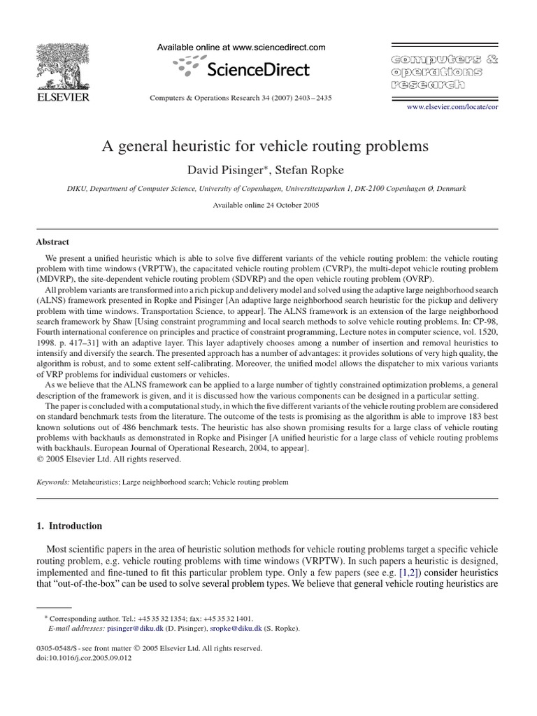A General Heuristic For Vehicle Routing Problems: David Pisinger, Stefan Ropke | PDF ...