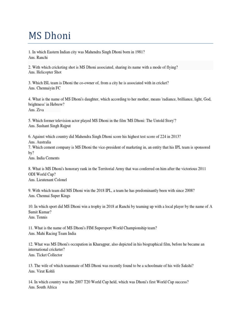 MS Dhoni: Key Interview Questions | PDF