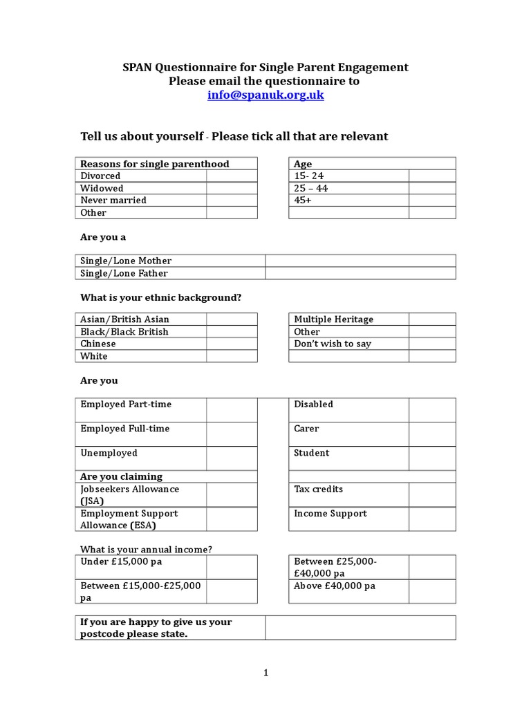 Questionnaire For Single Parent Engagement Tssa | PDF | Social ...