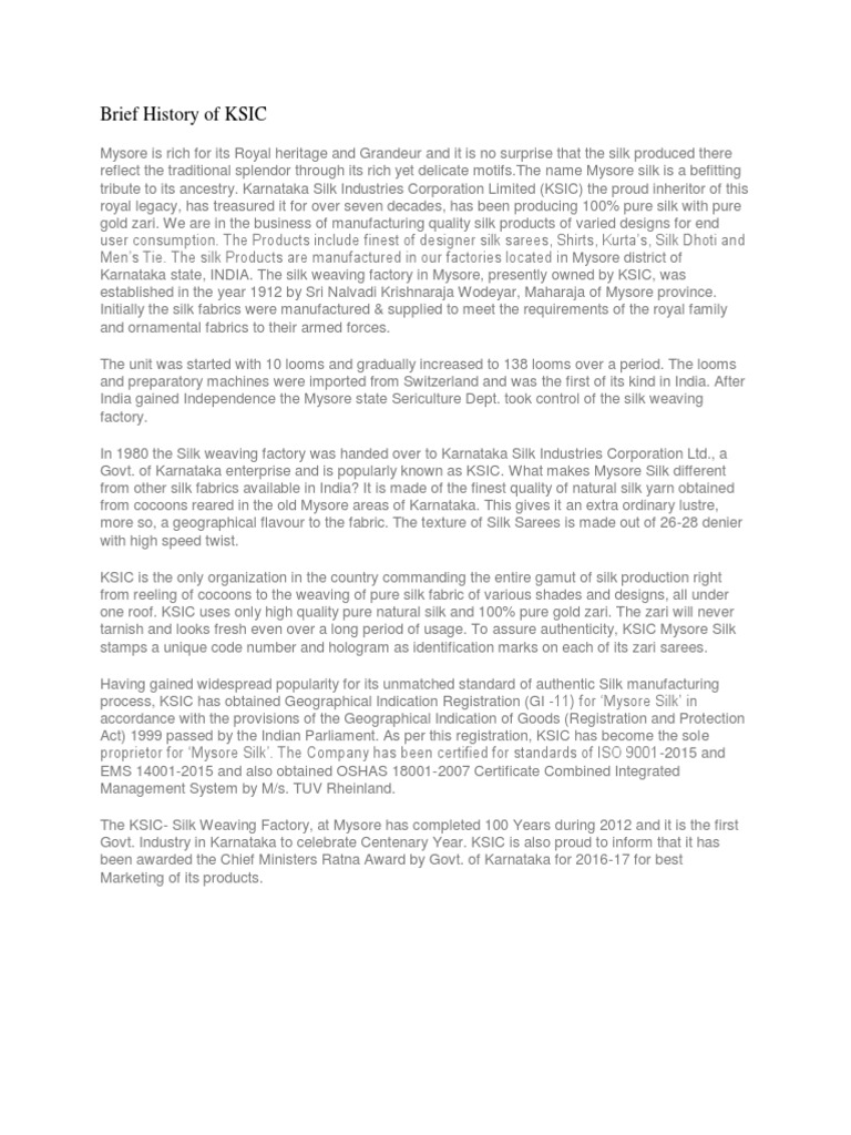 Brief History of KSIC | PDF | Silk | Weaving