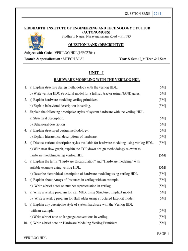 16EC5704 Verilog HDL | PDF | Hardware Description Language | Logic Synthesis