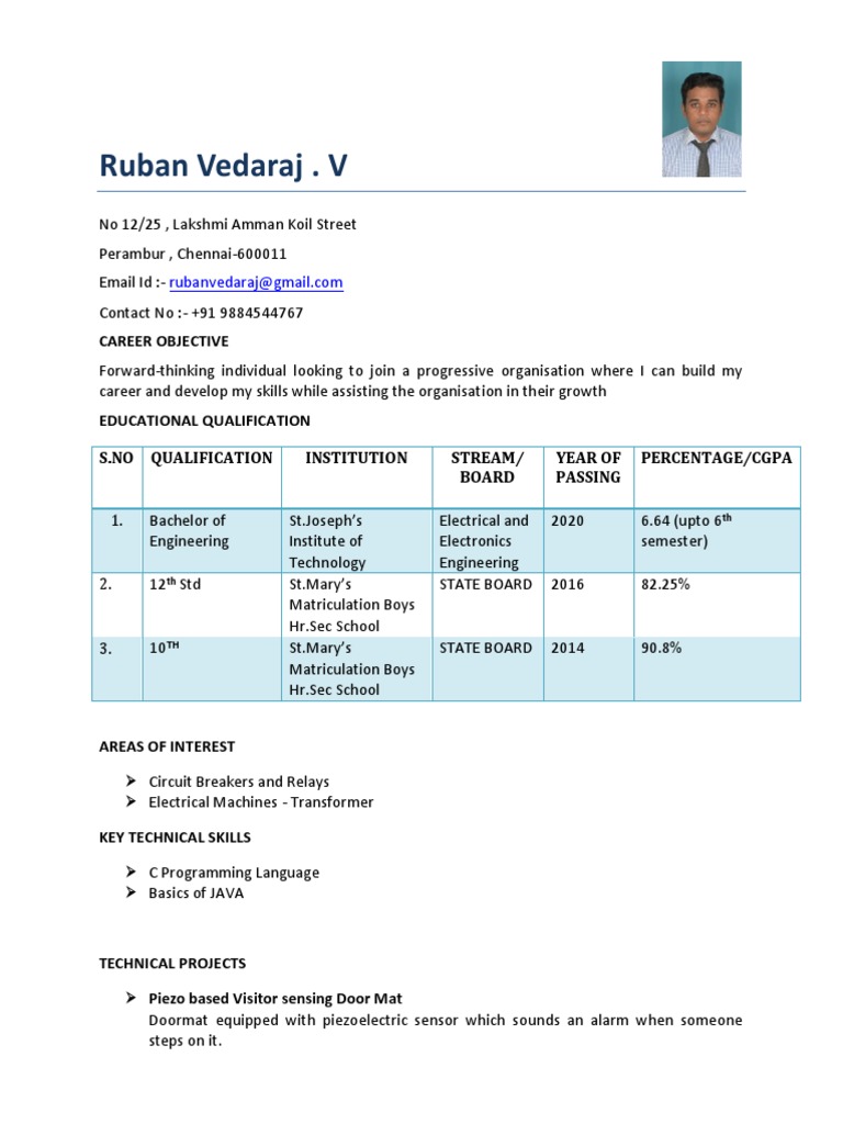 Ruban Vedaraj - V: Career Objective | PDF | Electrical Engineering