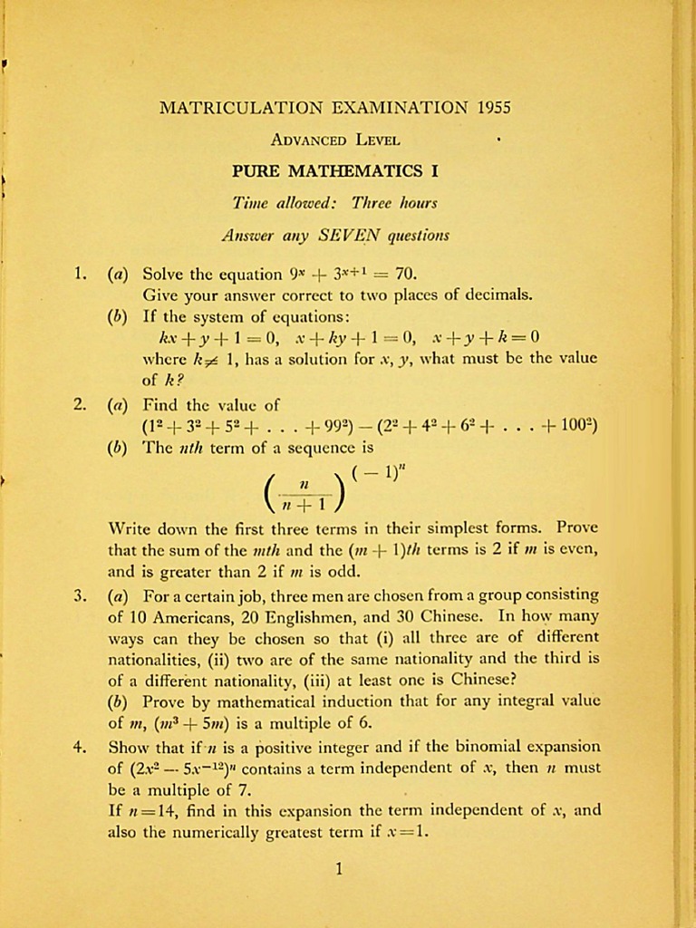 1955 AL Pure Mathematics Paper 1, 2 | PDF