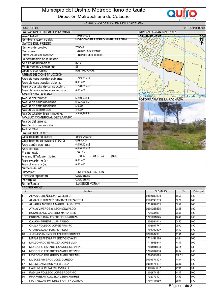 Cédula Catastral Quito: Detalles Predio | PDF | Ley de Tierras ...