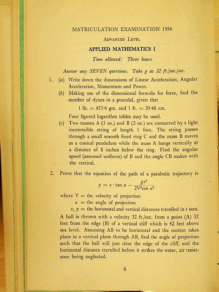 1954 AL Applied Mathematics Paper 1, 2 | PDF