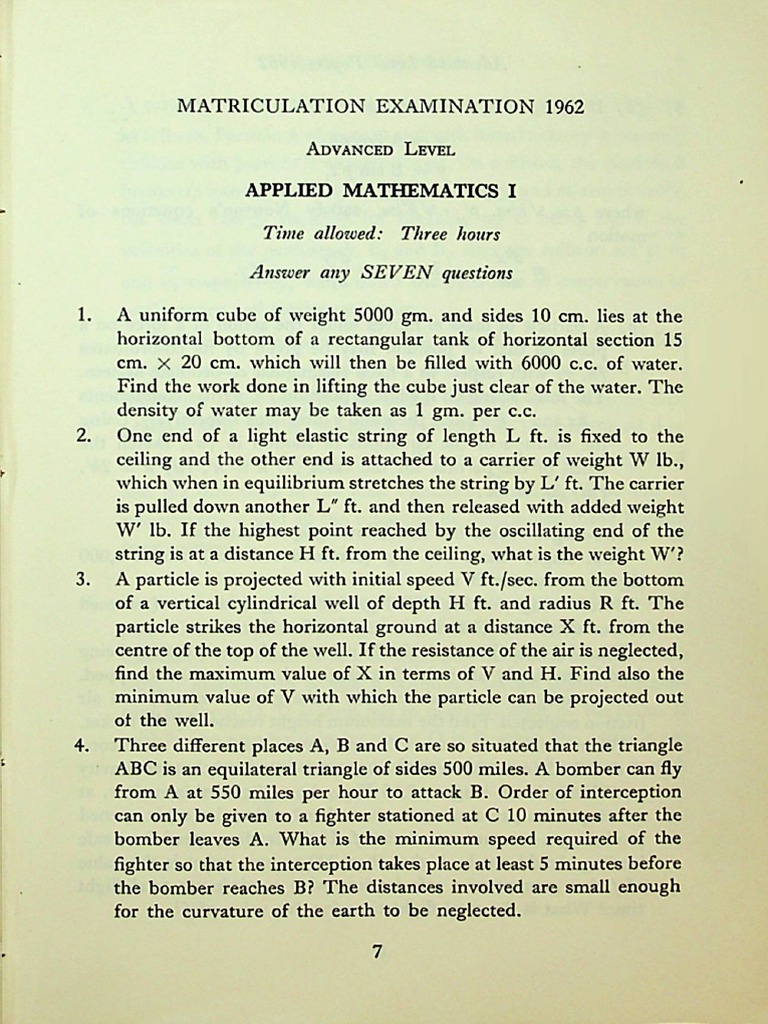 1962 AL Applied Mathematics Paper 1, 2 | PDF 1962 AL Applied Mathematics Paper 1, 2 | PDF