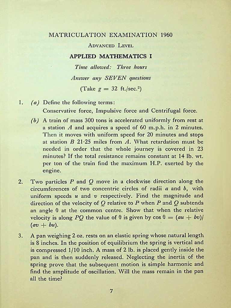 1960 AL Applied Mathematics Paper 1, 2 | PDF