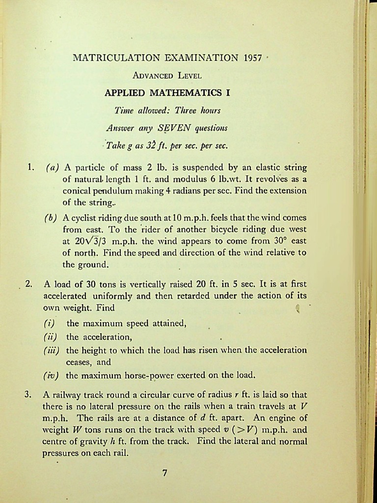 1957 AL Applied Mathematics Paper 1, 2 | PDF