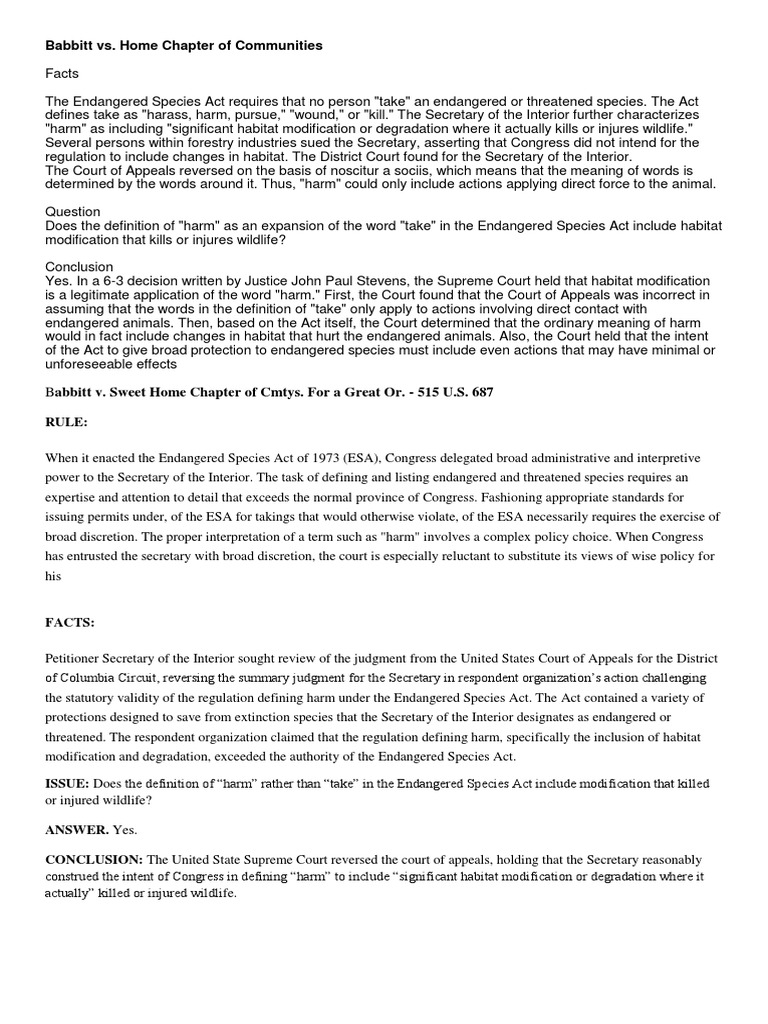 Babbitt v. Sweet Home Chapter of Cmtys. For A Great Or. - 515 U.S. 687 ...