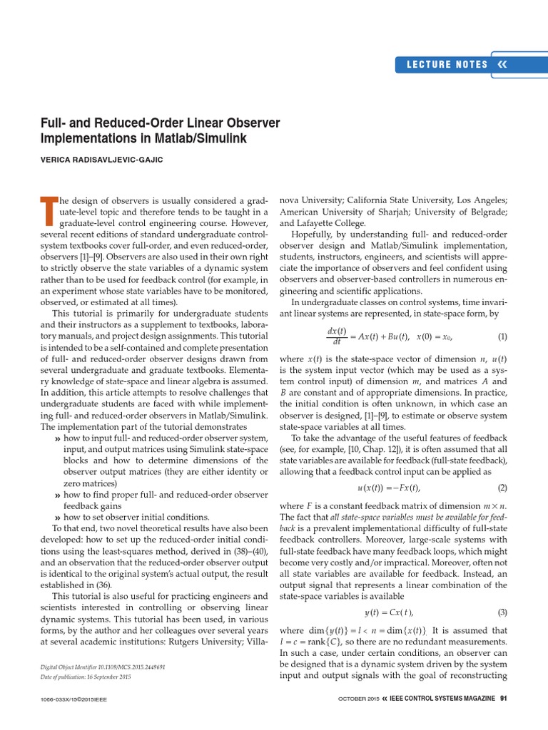 Full - and Reduced-Order Linear Observer Implementations in Matlab | PDF | Control Theory ...