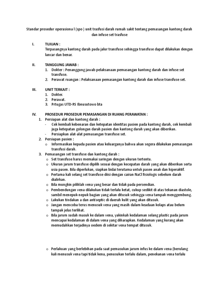 Contoh Sop Pemasangan Kantong Darah Dan Trasfusi Set | PDF