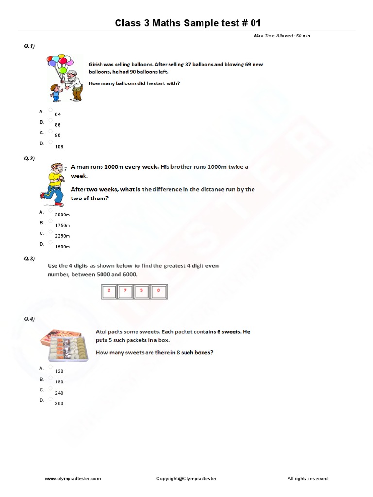 Class 3 Maths Sample Test # 01: 64 86 96 108 A. B. C. D | PDF | Sports ...