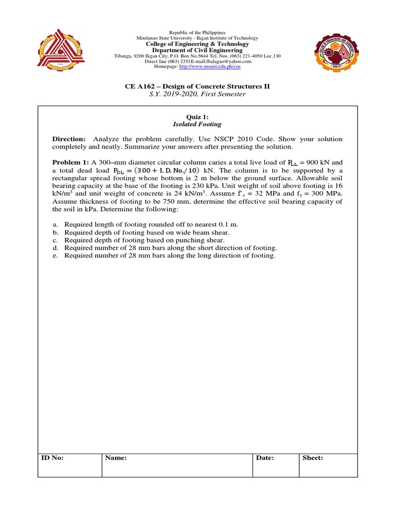 CE A162 Quiz 1 | PDF | Engineering | Structural Engineering