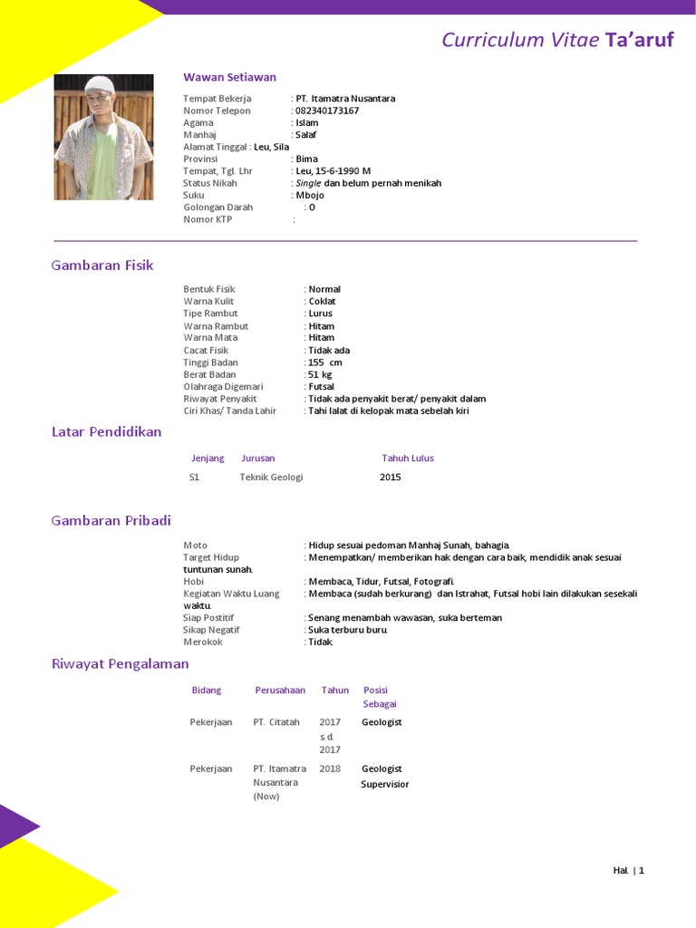 CV Ta'aruf Wawan Setiawan | PDF