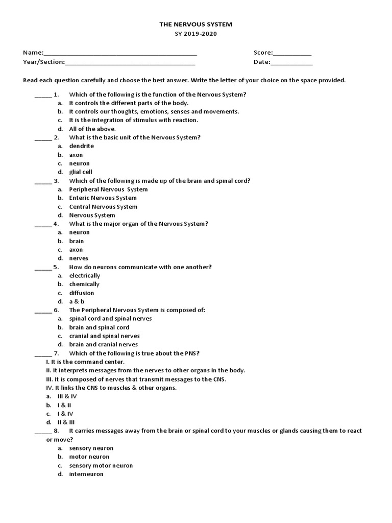 Nervous System Quiz Questions and Answers | PDF | Motor Neuron | Neuron