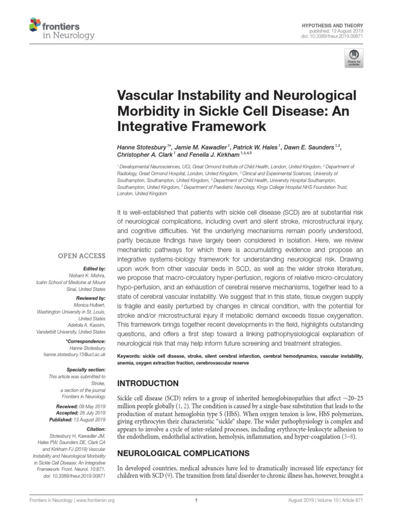 Vascular Instability and Neurological Morbidity in Sickle Cell Disease ...