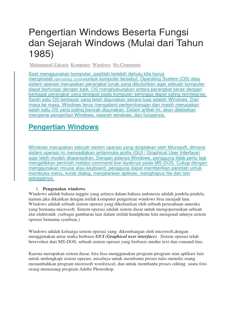 Pengertian Windows Beserta Fungsi Dan Sejarah Windows | PDF