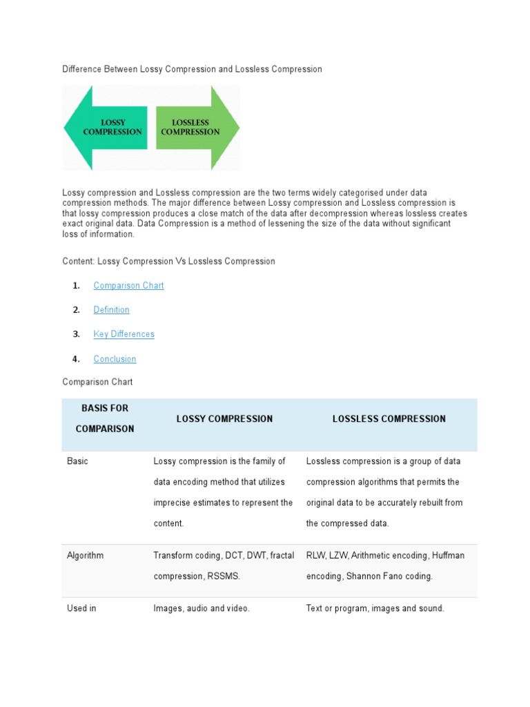 Difference Between Lossy Compression and Lossless Compression | PDF ...