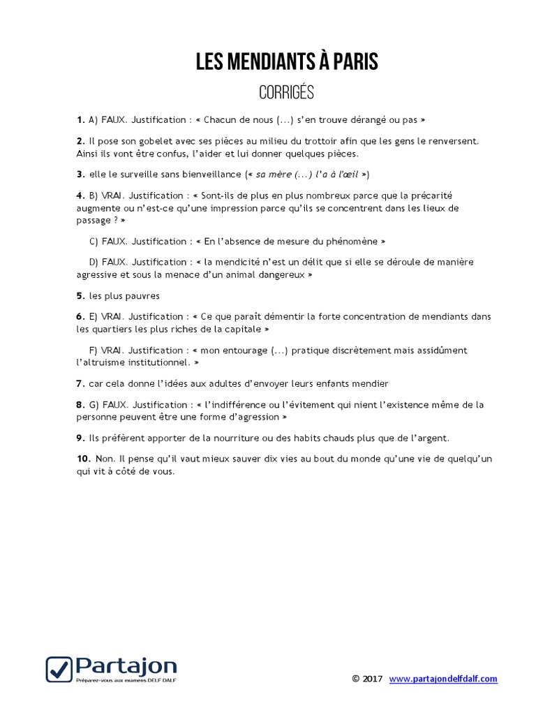 13 CE B2 Les-Mendiants-A-Paris Corrige PDF | PDF