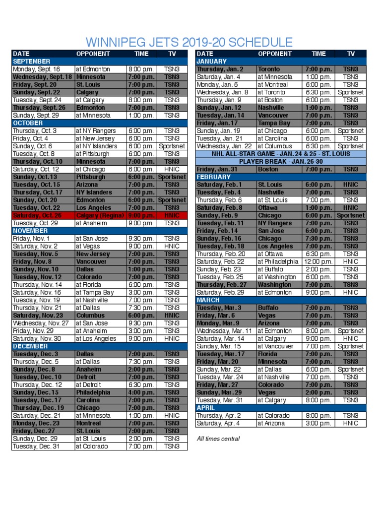 Winnipeg Jets 2019-20 Broadcast Schedule | PDF | National Hockey League ...