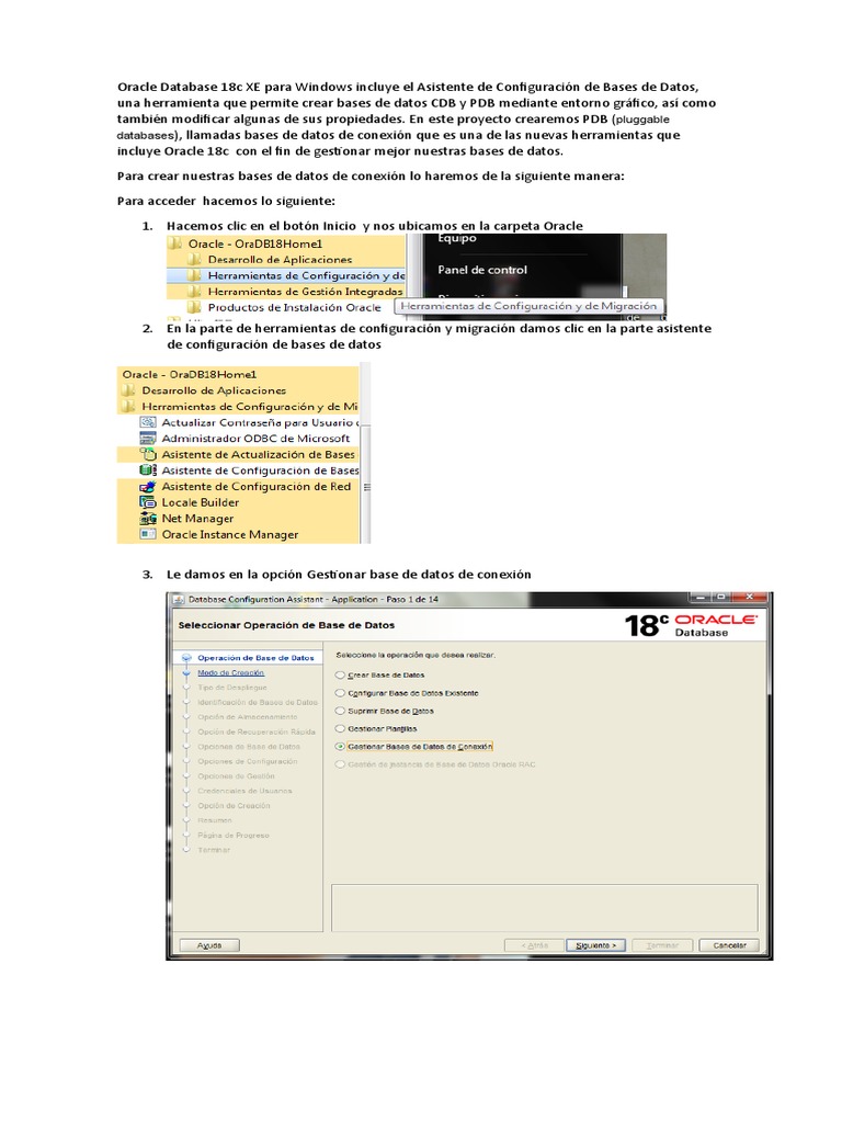 Creación De Base De Datos Y Conexión Con Sql Developer Oracle 18c Pdf