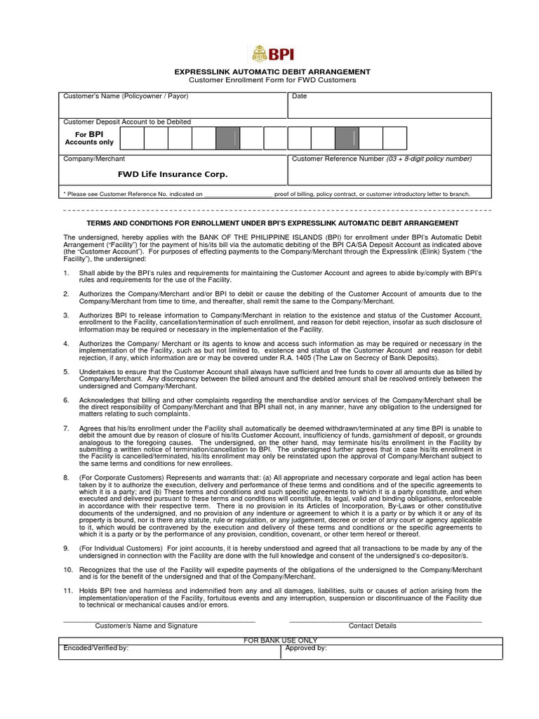 FWD Life Insurance Corp.: Expresslink Automatic Debit Arrangement | PDF ...